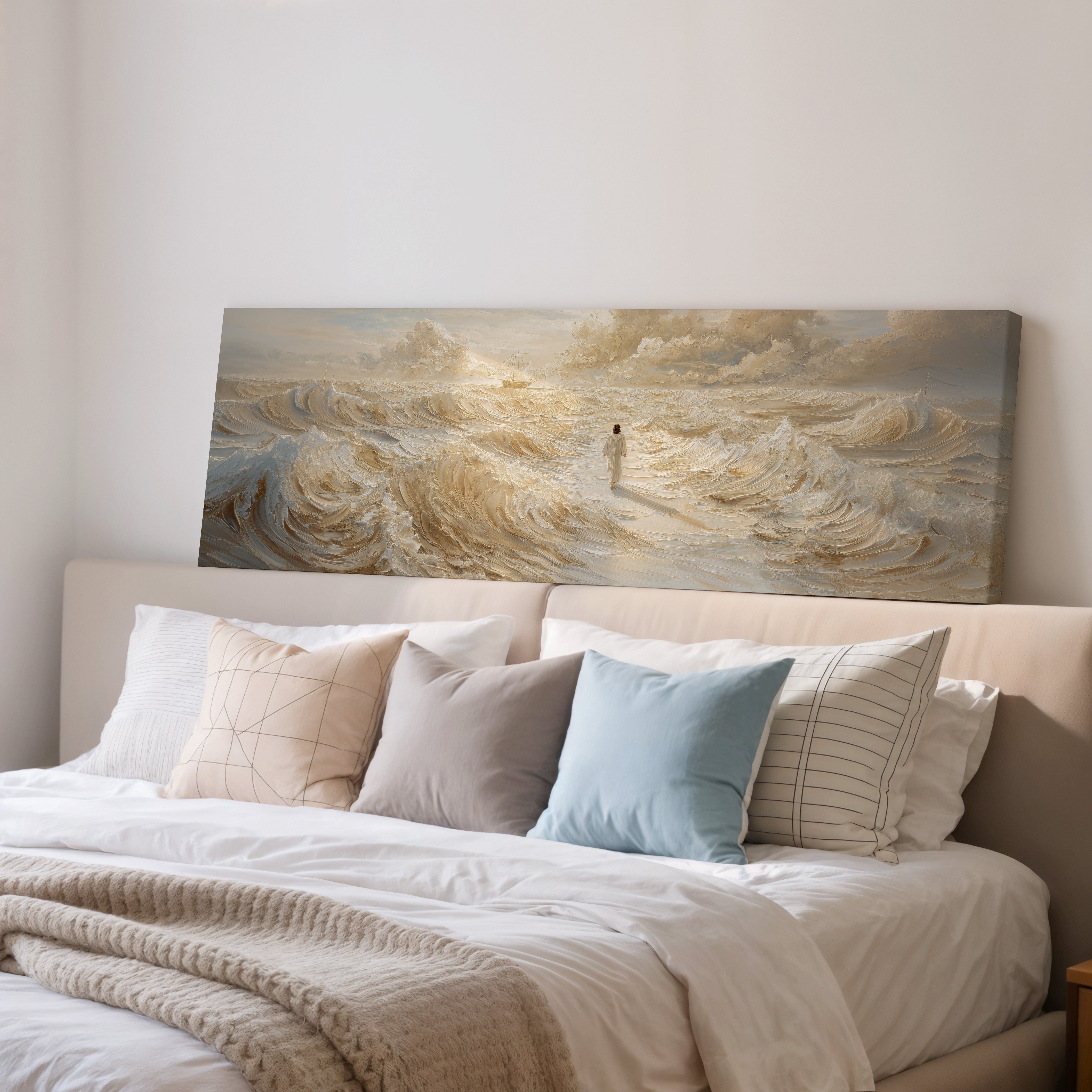 Jesus Walking on Water Beige - Stretched Canvas - Christian Modern ...