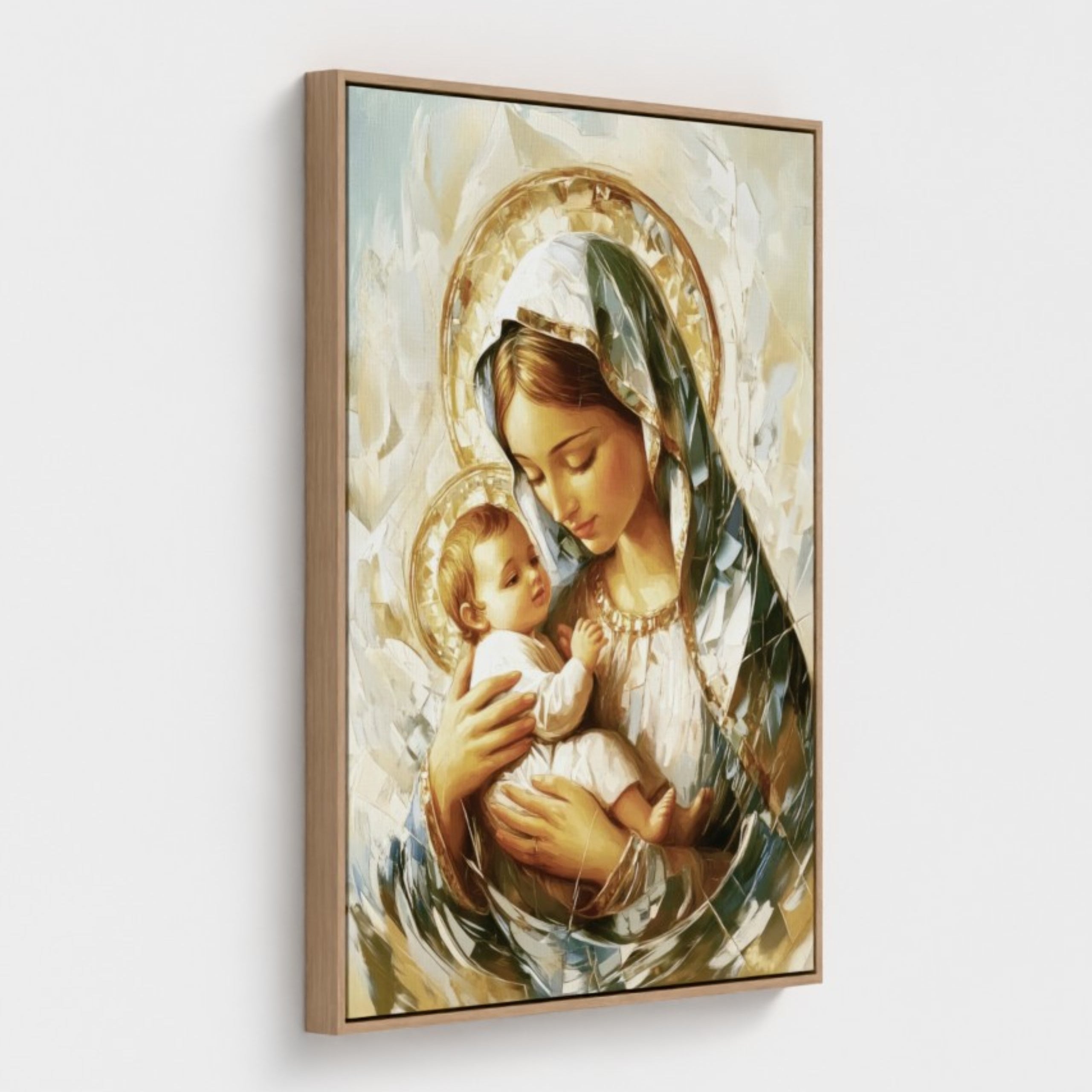 Virgin Mary Embracing Baby Jesus Beige - Float Frame Canvas - Christian ...