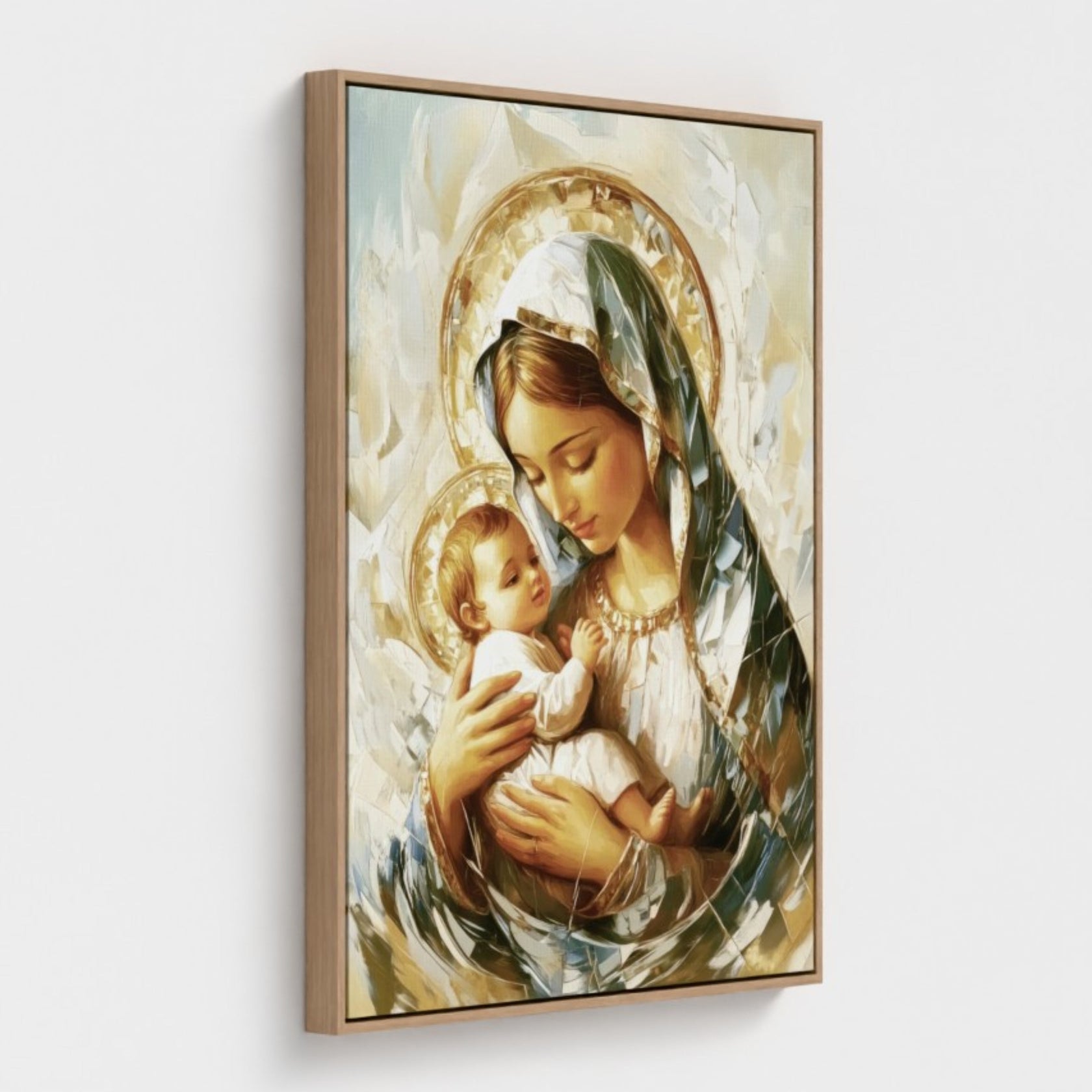 Virgin Mary Embracing Baby Jesus Beige - Float Frame Canvas - Christian ...