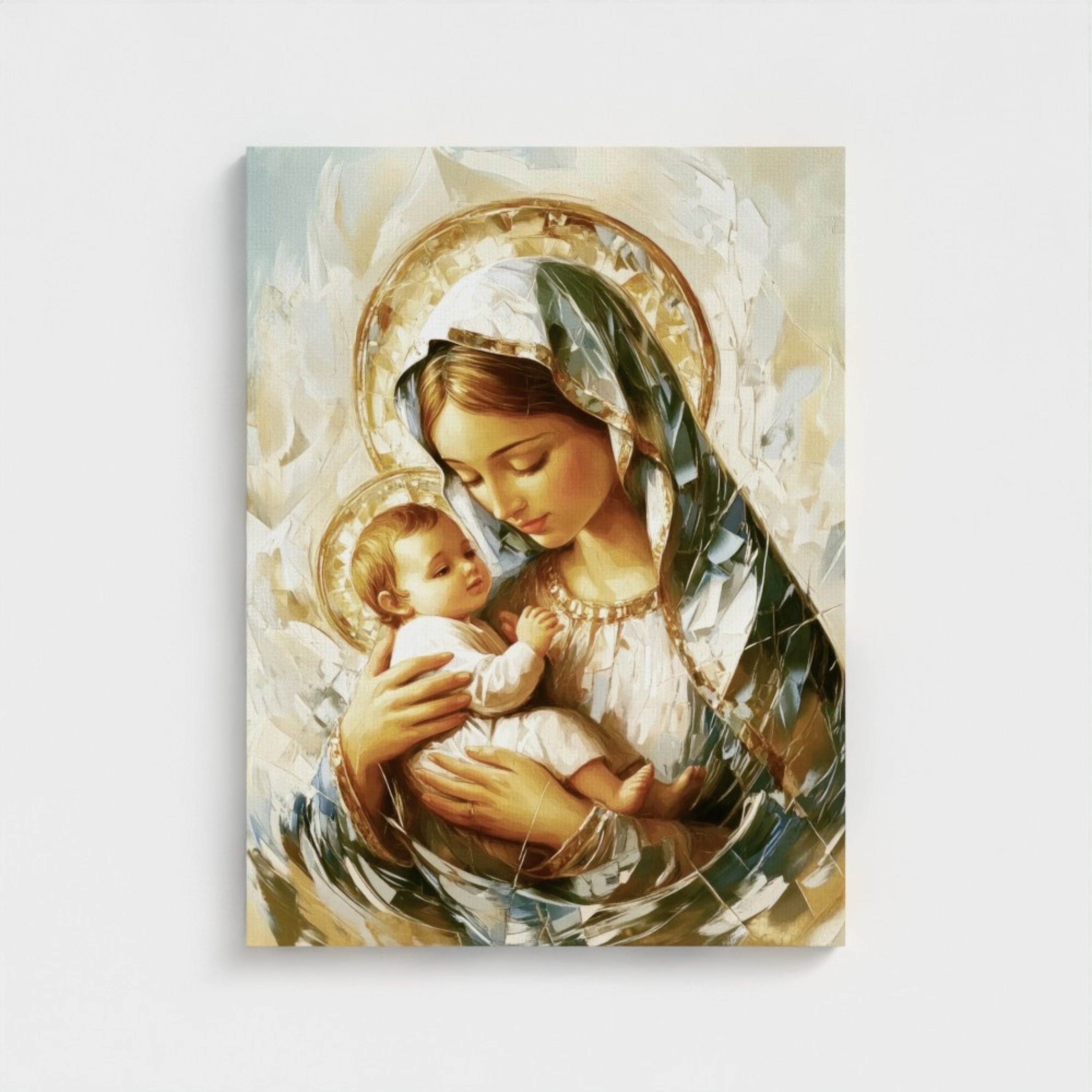 Virgin Mary Embracing Baby Jesus Beige - Stretched Canvas - High-End ...